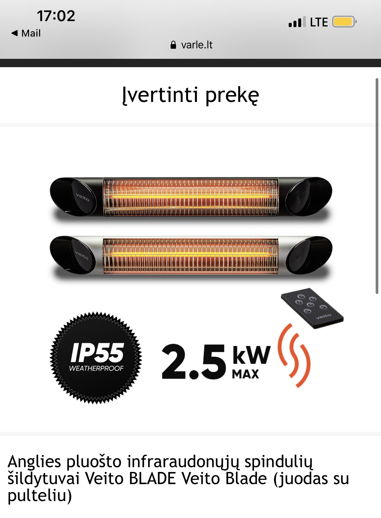 Infraraudonųjų spindulių šildytuvas Veito Blade 2 kW, juodas ...