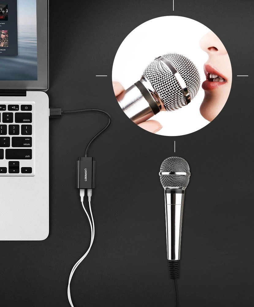 Išorinė USB garso plokštė UGREEN 15cm (juoda), modelis - 30724B, žema ...