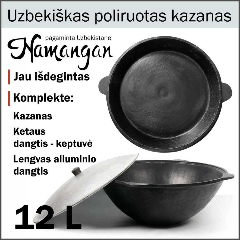 Uzbekiškas poliruotas kazanas 12L (Namangan) su ketaus dangčiu-keptuve ...