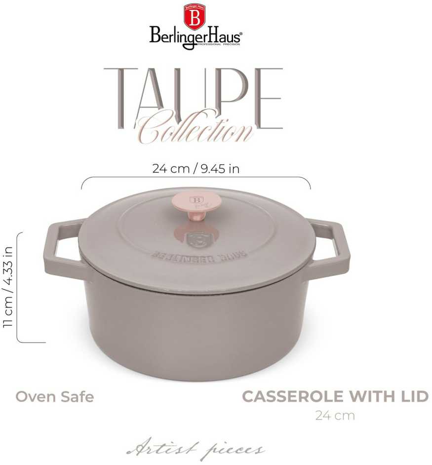 Berlinger Haus Emaliuotas ketaus puodas su dangčiu, 4.35 L, 24x11 cm | Metallic Line Taupe ...