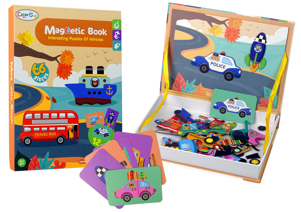 Lean Toys Magnetinė dėlionės knygelė su transporto priemonėmis, modelis ...
