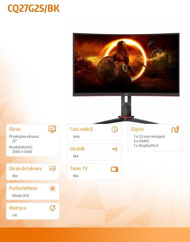 AOC Monitorius cq27g2s / bk 27 cali va curved 165hz hdmix2 dp, modelis ...