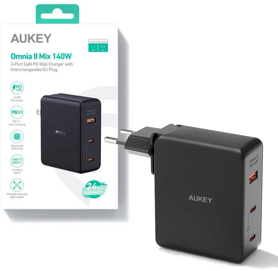 Sieninis įkroviklis AUKEY PA-B7O Omnia II GaN 2xUSB-C 1xUSB-A PD 3.1 ...