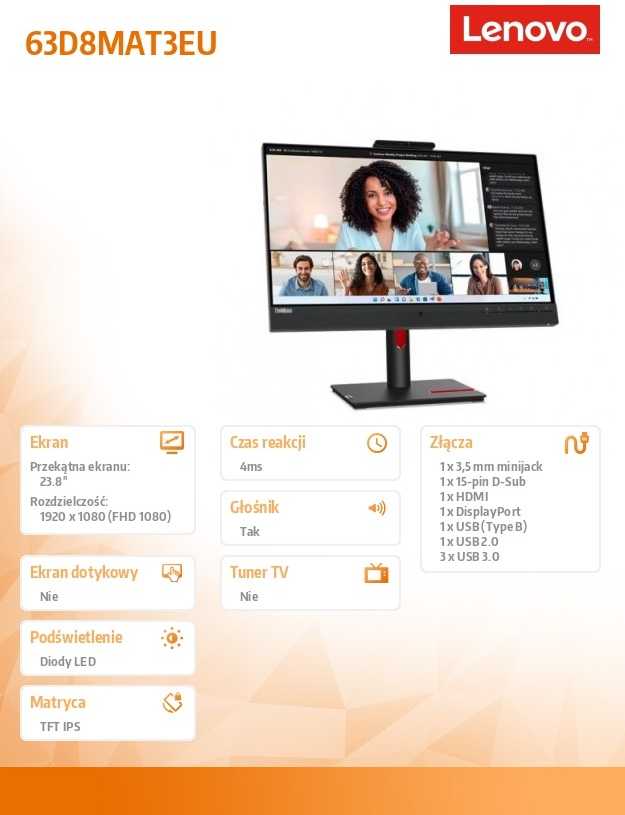 Lenovo ThinkVision T24v-30 24 colių FHD monitorius IPS Panel, 75Hz, 4ms ...