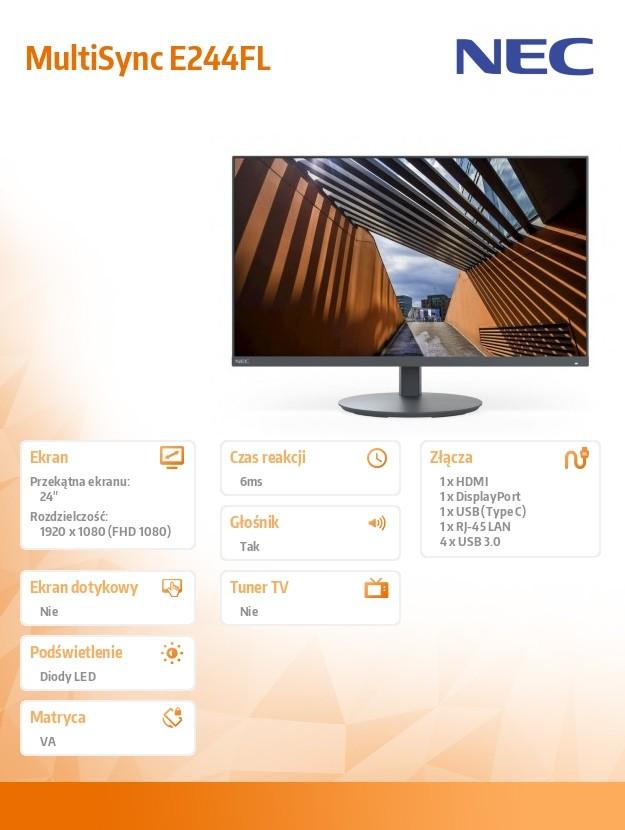 Monitorius NEC E244FL-BK 24IN LCD LED / 1920X1080 USB-C LAN DP HDMI, modelis - 60005866, žema ...
