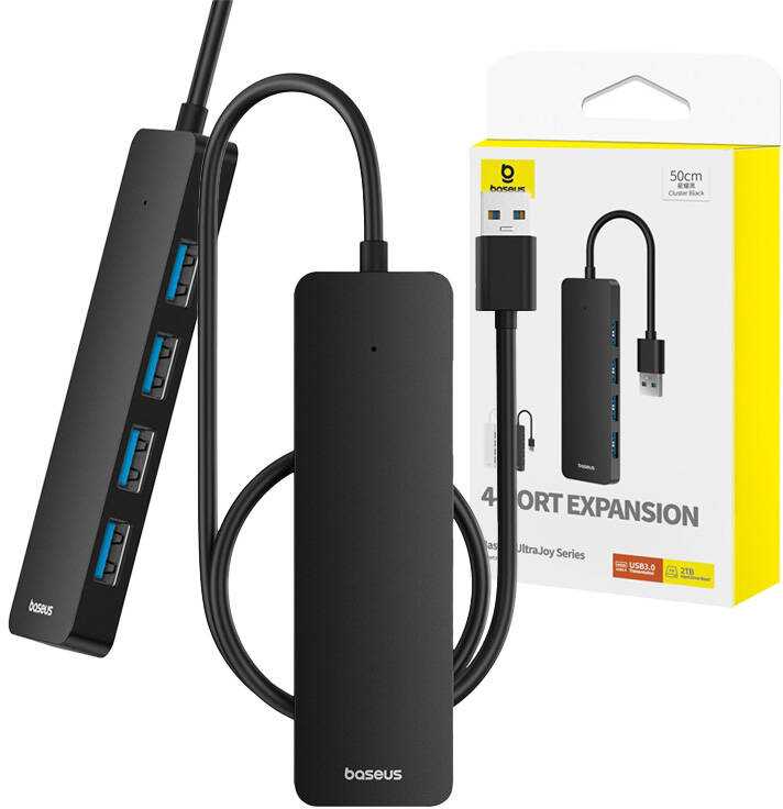 4in1 Hub Baseus UltraJoy Lite USB-A to USB 3.0 50cm (juodas), modelis ...