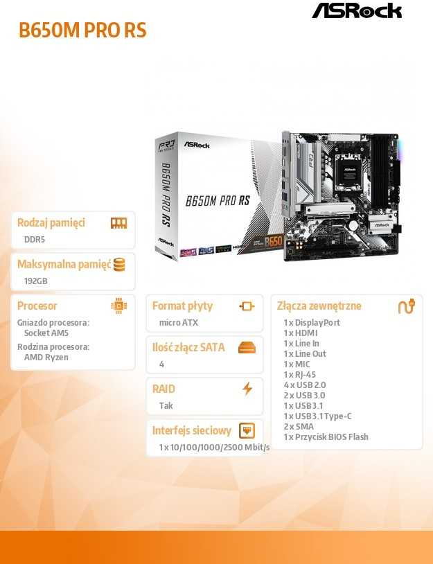 Pagrindinė plokštė ASRock B650M Pro RS, AM5, Micro-ATX, DDR5, modelis - ‎B650M Pro RS, žema ...