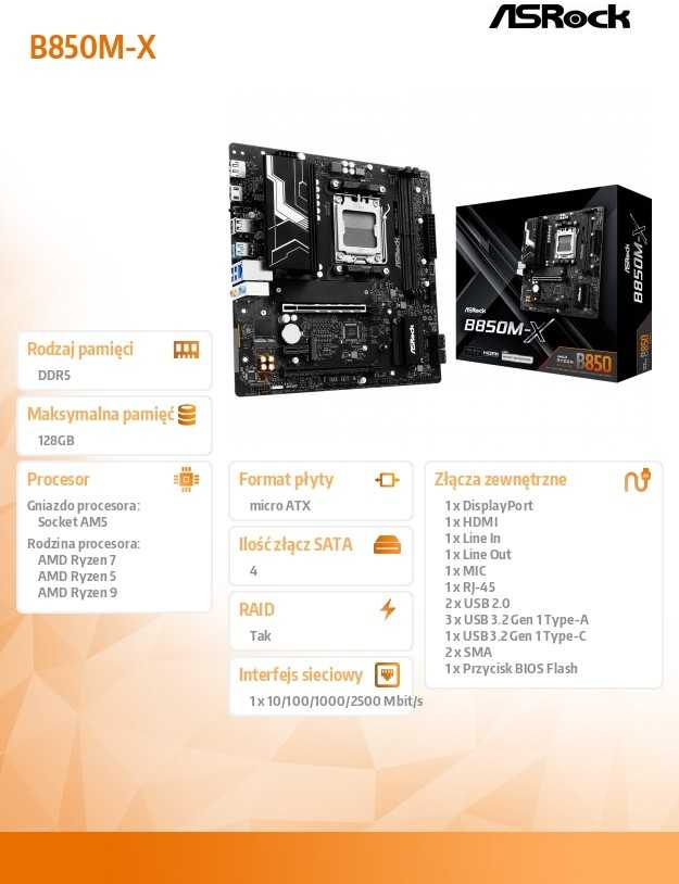 ASRock pagrindinė plokštė B850M-X AM5 2DDR5 M.2 USBC mATX, modelis ...