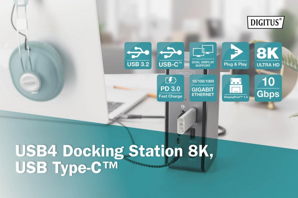 Digitus USB 4.0 Docking Station 14 in 1 2x Video 8K / 30Hz, 3x USB ...