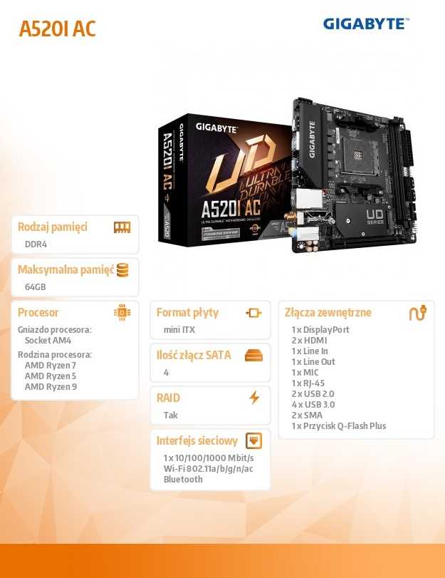 Gigabyte pagrindinė plokštė A520I AC AM4 2DDR4 DP / 2HDMI mITX, modelis - 520, žema kaina | Varle.lt
