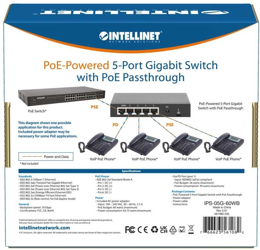 Šakotuvas Intellinet Switch Gigabit 5xPoE Passthrough zasilany PoE lub ...