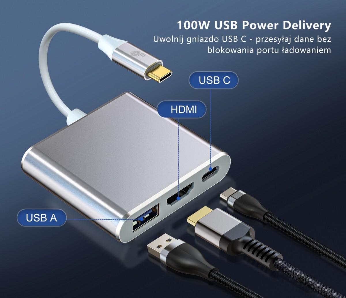 TB Adapteris HUB USB C 3w1 - HDMI, USB, PD sidabrinė, modelis ...