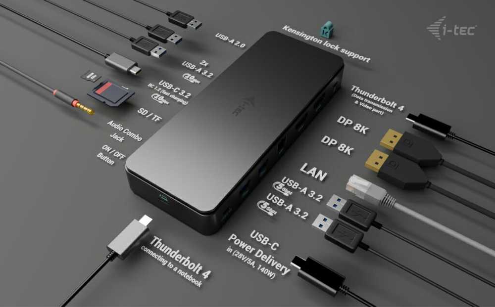 I-TEC TB4 GEN 3 DOCK 2X EKRANAS / 7XUSB 2.5GLAN PD92W 1M TB4 CABLE ...