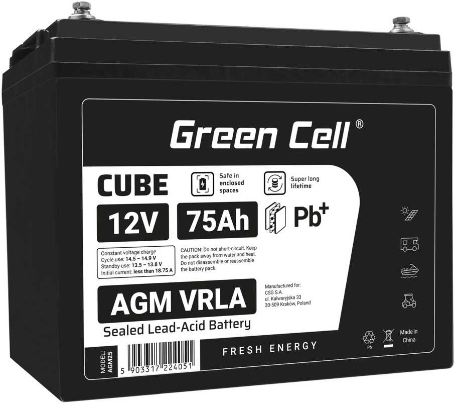 Akumuliatorius Žalias Cell Cube AGM VRLA IP54 12V 75Ah bezobs³ugowy akumulator do kampera ...