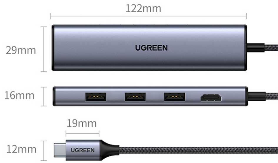 Ugreen adapterio keitiklis HUB 5in1 USB C – 3x USB 3.0 / HDMI / RJ45 ...