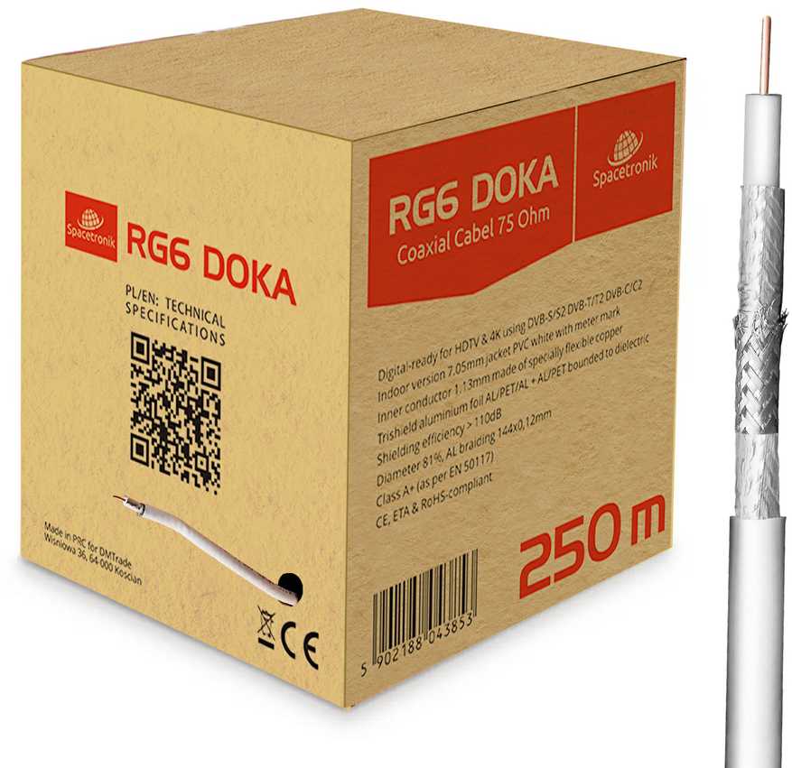 Kabelis RG6 Spacetronik DOKA 4K 113 CU Trishield 250, modelis ...
