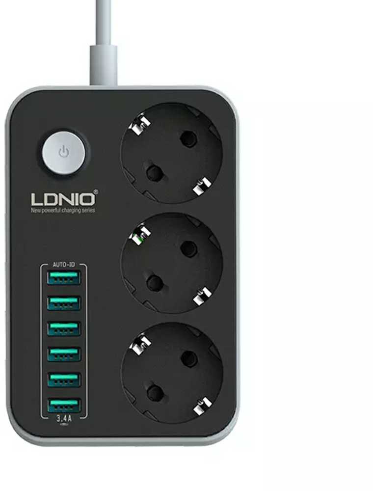 Ilgintuvas su 3 AC lizdais 6x USB LDNIO 1.6m - juodas, modelis - SE3631 ...