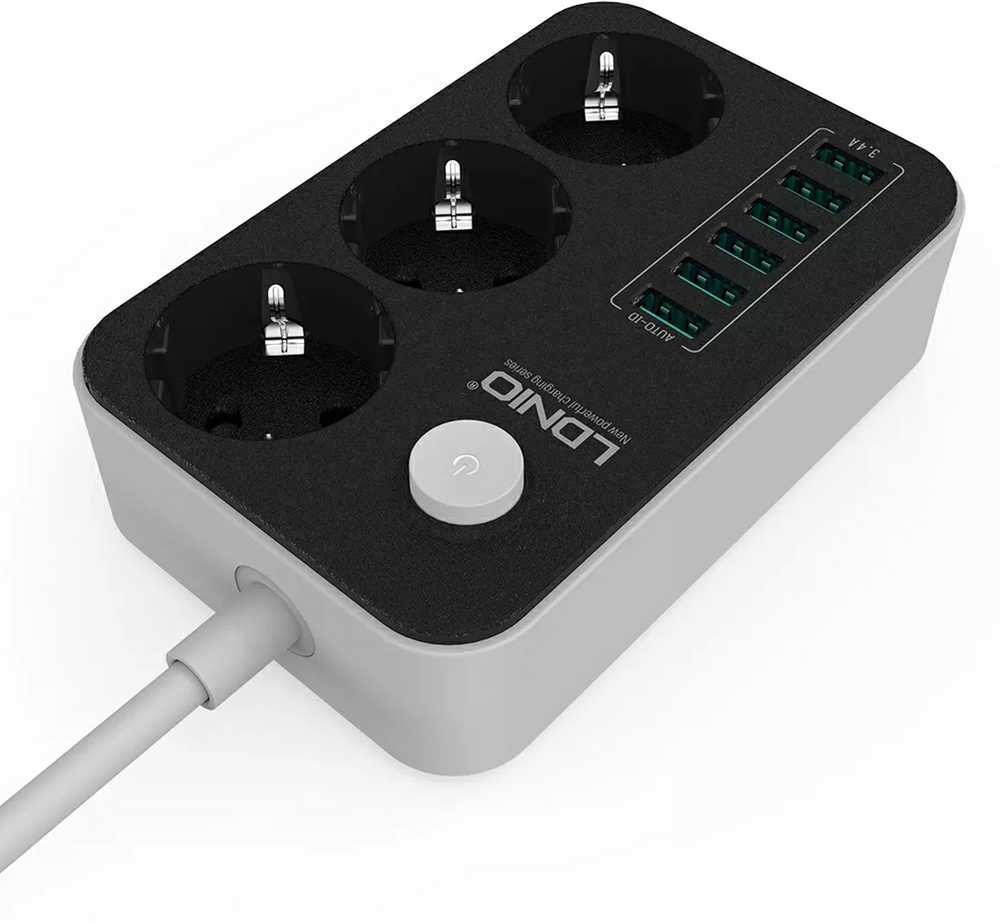 Ilgintuvas su 3 AC lizdais 6x USB LDNIO 1.6m - juodas, modelis - SE3631 ...