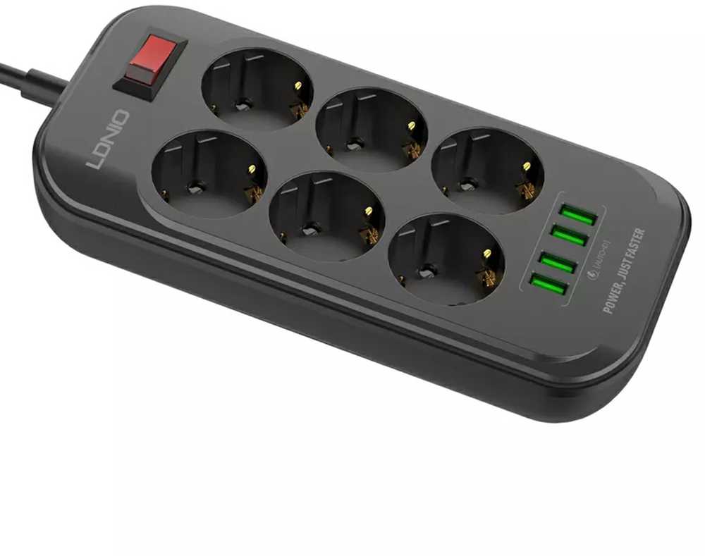 Ilgintuvas su 6 AC lizdais 4x USB LDNIO 2m - juoda, modelis - SE6403, žema kaina | Varle.lt