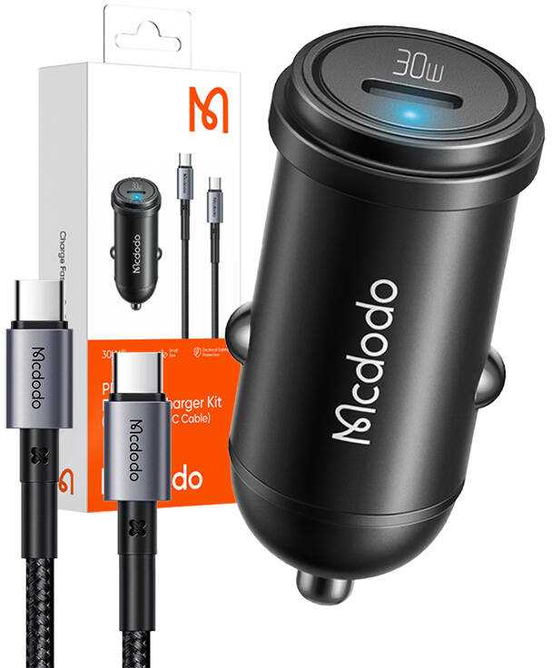 Car Charger McDodo CC-7493 65W With Mini Baltas USB-C Cable With E-mark Chip 1m 100W (juodas ...
