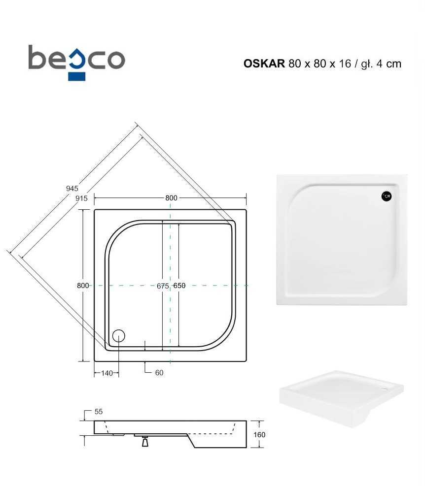Dušo padėklas Besco Oskar, 80 x 80 cm, žema kaina | Varle.lt