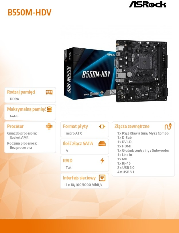 Pagrindinė plokštė ASRock B550M-HDV / AMD B550 / AM4 / MicroATX / 1xPCI ...