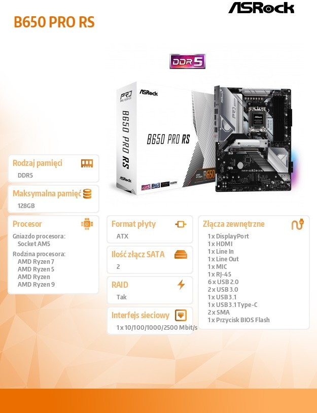 Pagrindinė plokštė ASROCK B650 PRO RS ATX MB AM5 4xDIMM DDR5, modelis ...