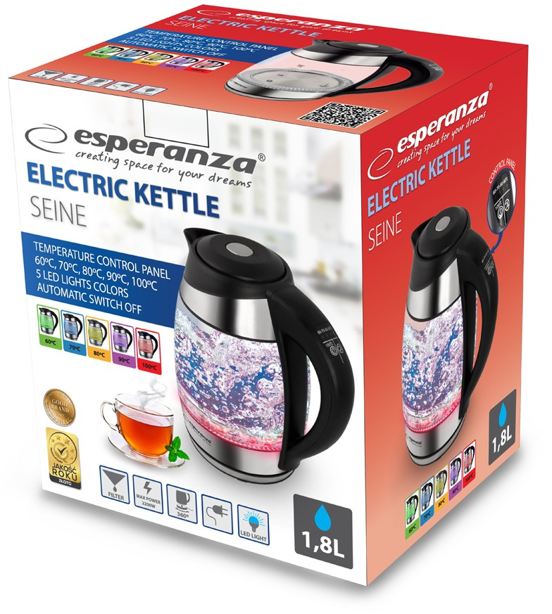 Esperanza EKK026 elektrinis virdulys 1,7 L Juoda, Permatomas 2200 W, modelis - EKK026, žema ...