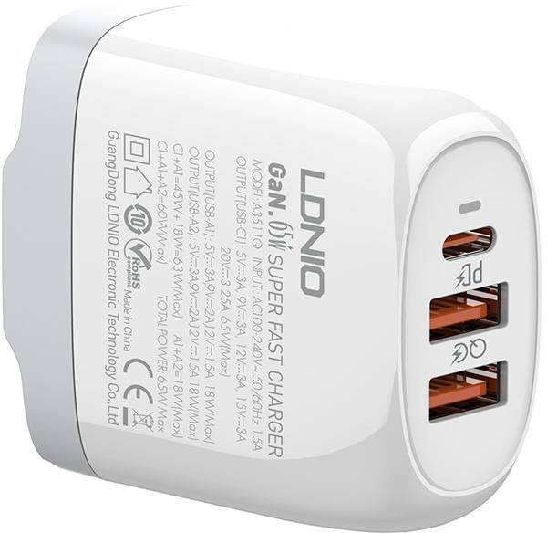 GaN įkroviklis LDNIO A3511Q, 2x USB + USB-C, 65W (balta), modelis ...