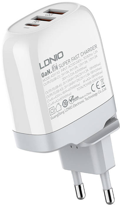 GaN įkroviklis LDNIO A3511Q, 2x USB + USB-C, 65W (balta), modelis ...