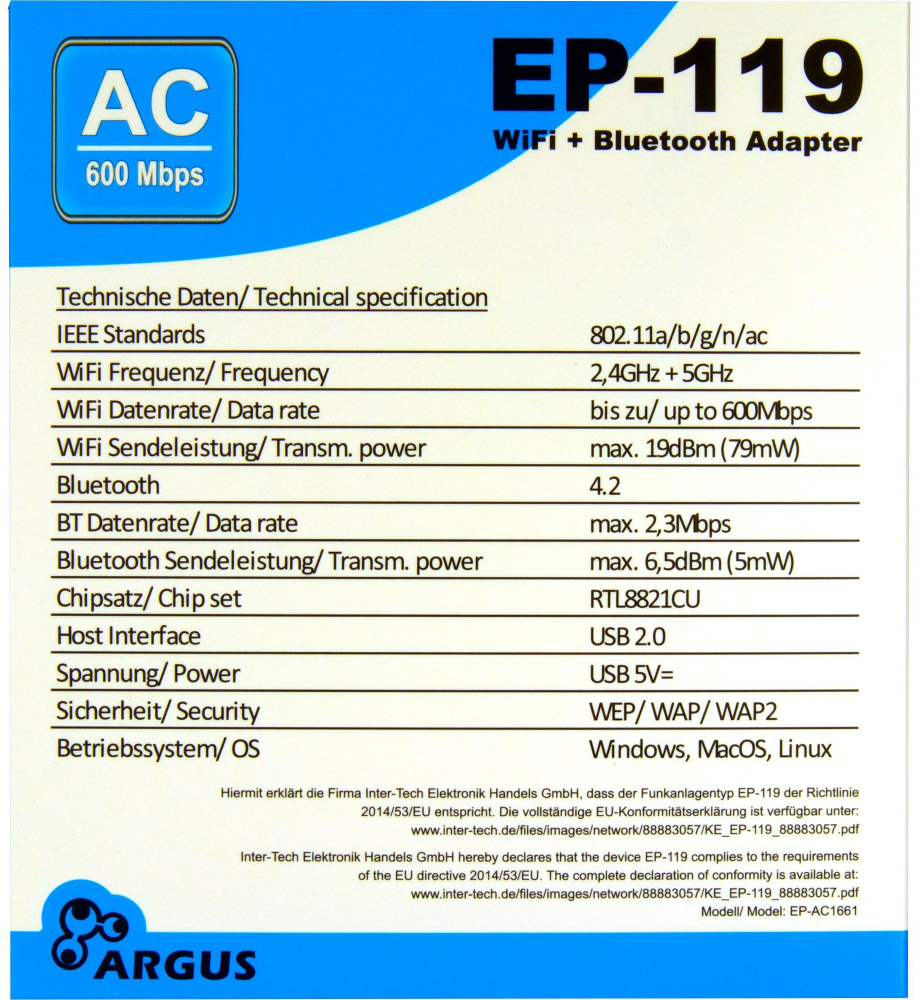 Maršrutizatorius Inter-Tech Wi-Fi 5 USB Adapteris Argus EP-119, Bluetooth 4.2, modelis ...