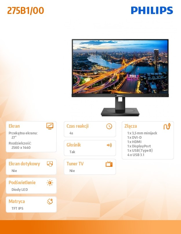 Monitorius Philips B Line 275B1 / 00 LED ekranas 68,6 cm (27") 2560 x 1440 pikseliai 2K Ultra HD ...