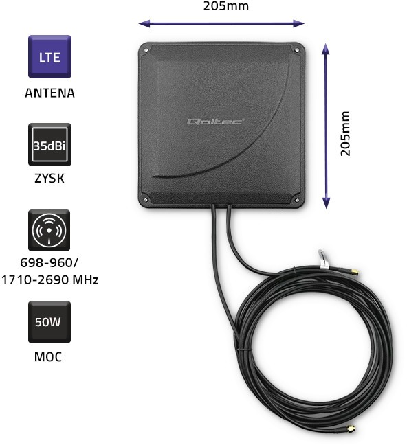 QOLTEC 57041 antena 4G LTE DUAL MIMO stiprintuvas 35 dBi 50W 2x SMA ...
