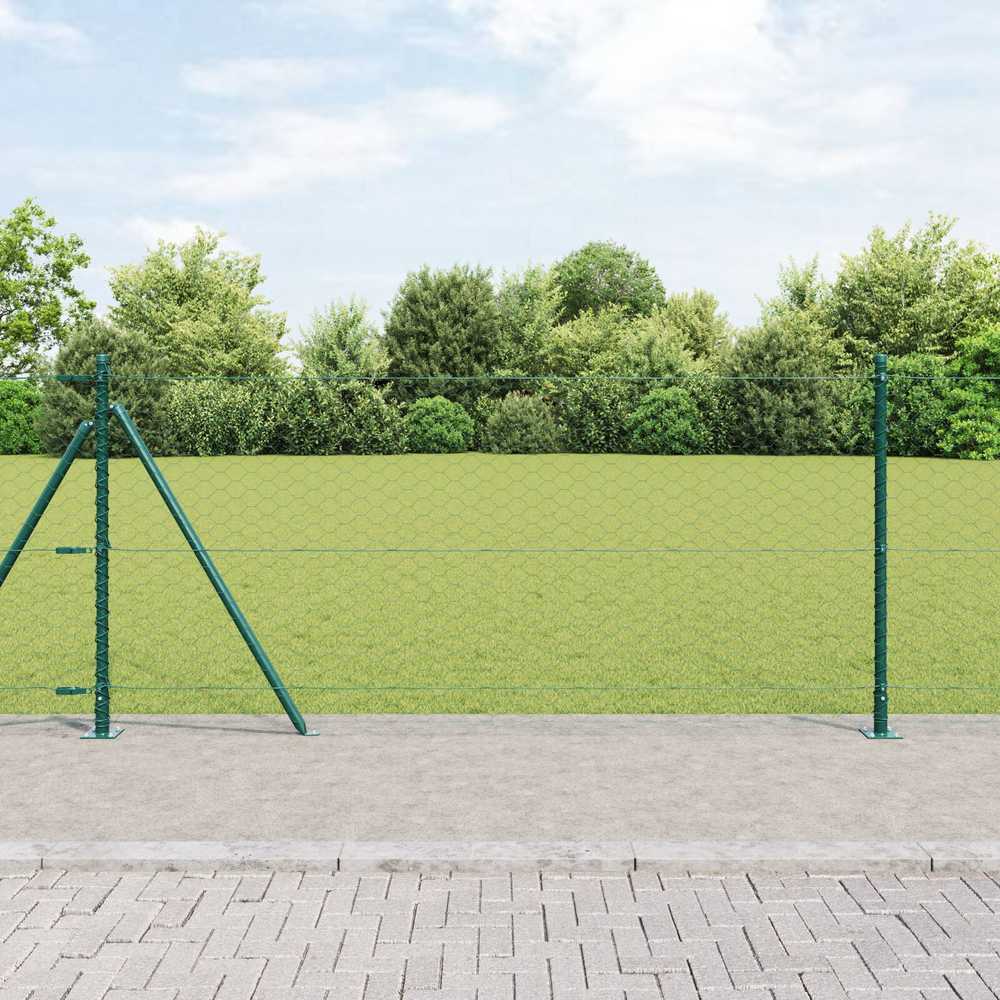 Hexagon Fence Žalias 1x100 m Steel,Fence Posts with Base Plates 13 pcs ...