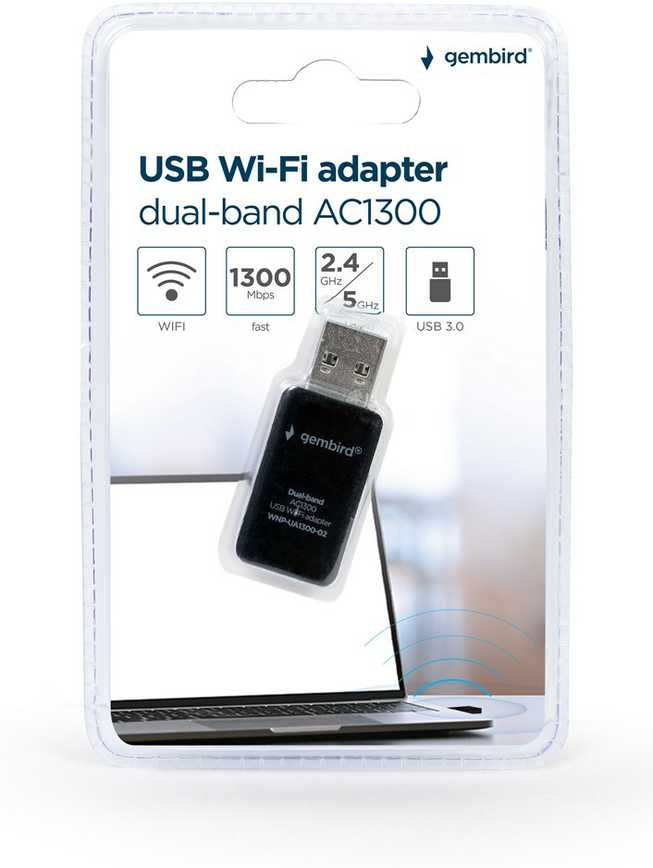 Gembird Compact dviejų juostų USB Wi-Fi adapteris AC1300, modelis ...