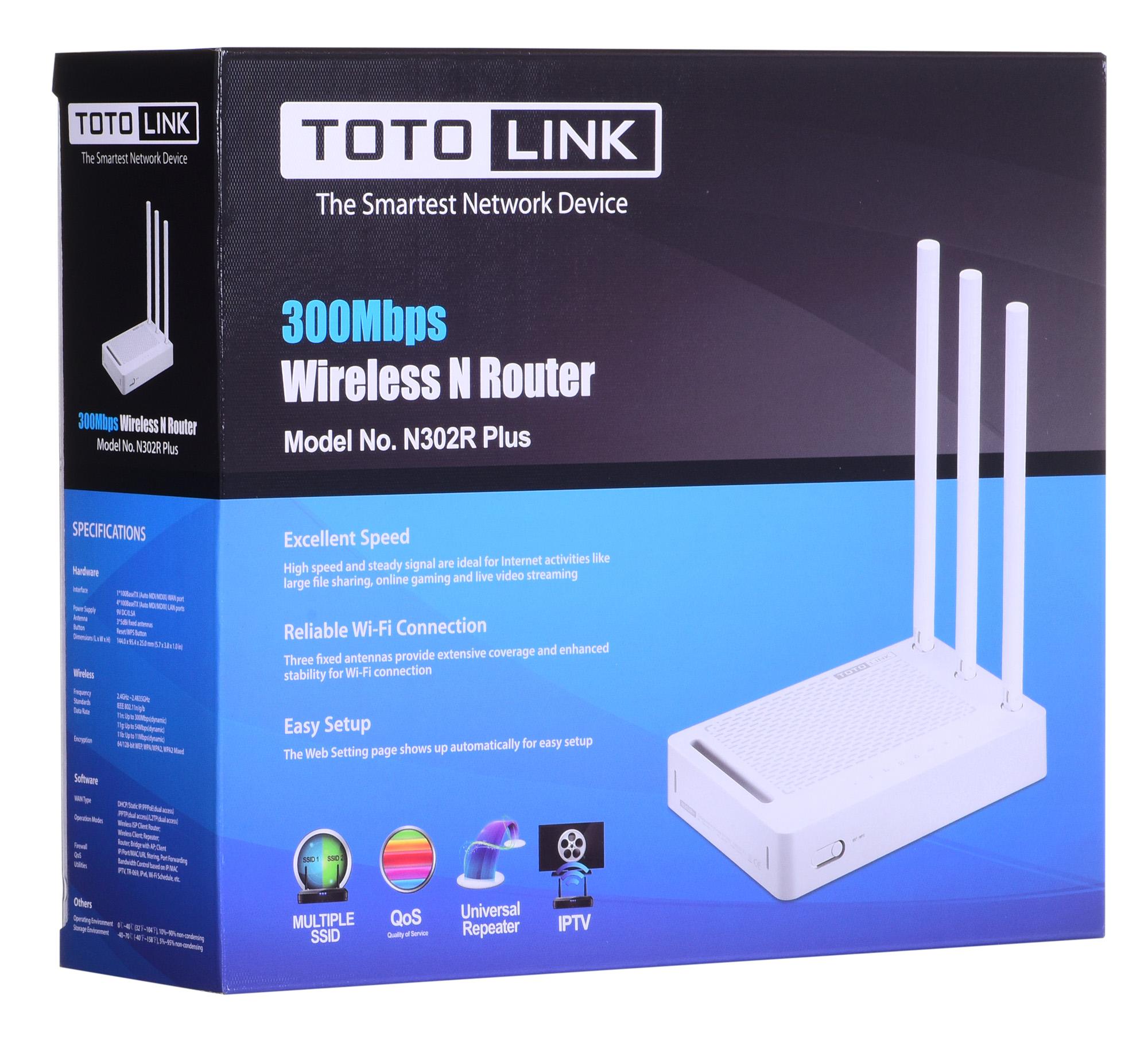 Maršrutizatorius TOTOLINK N302R+ (xDSL (kabelinė jungtis LAN); 2,4 GHz ...