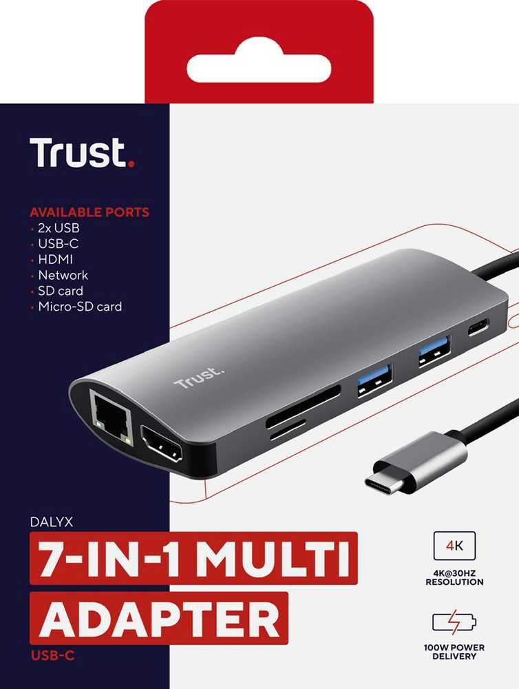 Trust Pasitikėkite Dalyx 7in1 USB-C kelių prievadų adapteriu (TR-23775 ...