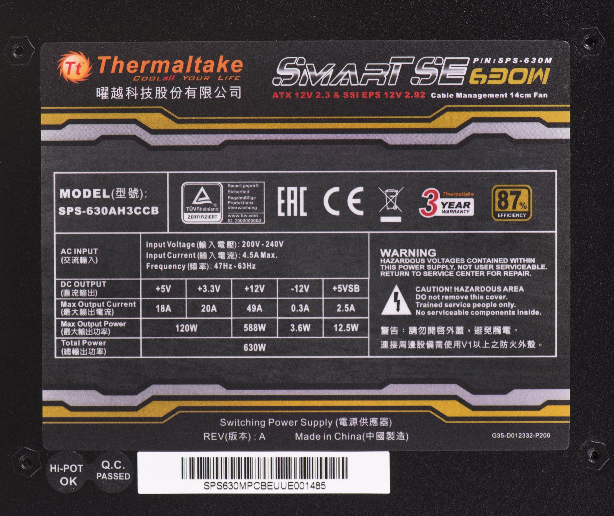 PSU Thermaltake Smart SE 630W Modular (Spr. 80+ Bronze, 2xPEG, 140mm ...