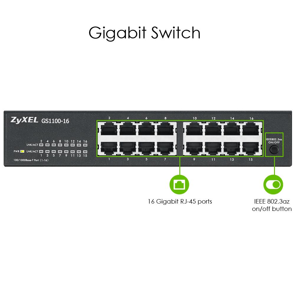 Šakotuvas ZYXEL GS1100-16 16 PORT GIGABIT UNMANAGED SWITCH V3, modelis ...