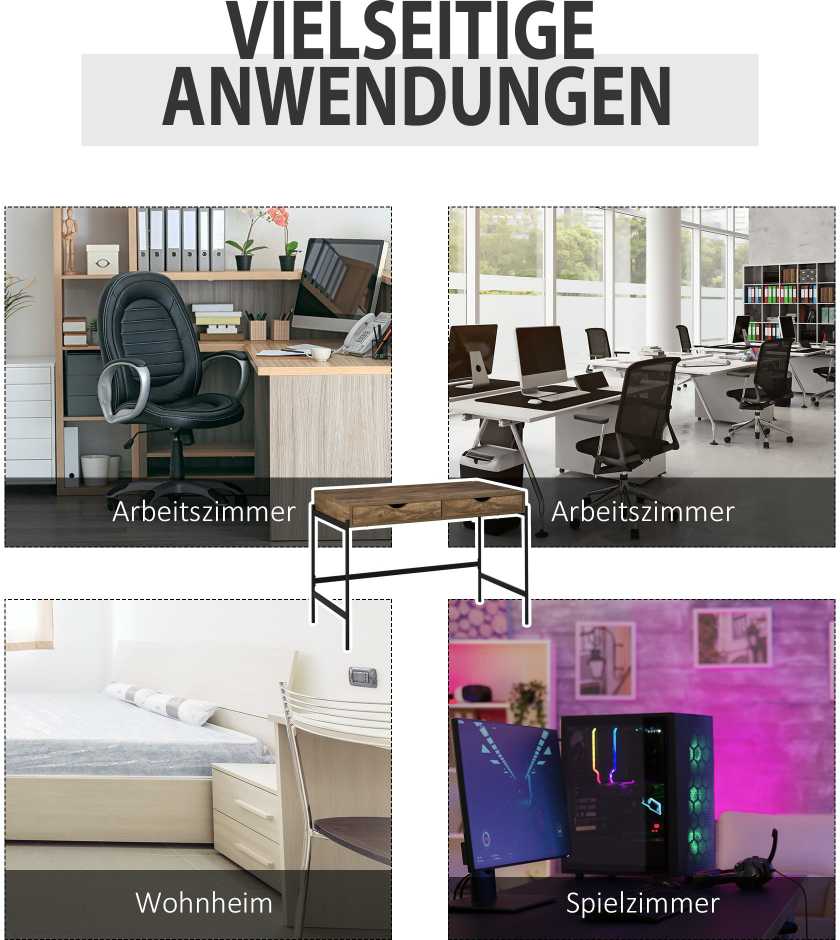 HOMCOM Pramoninio stiliaus kompiuterio stalas Biuro stalas su stalčiais ...