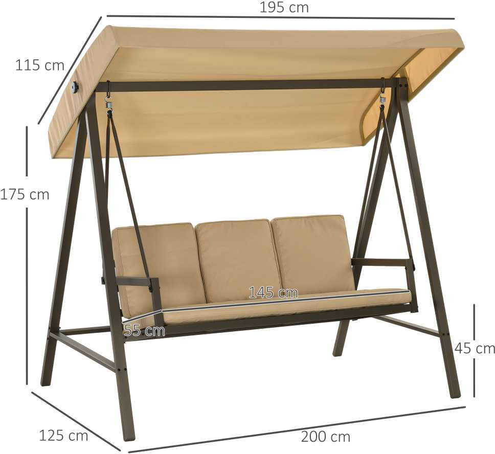 Outsunny Modernios 3 vietų sūpynės su reguliuojamu stogu, iki 360 kg ...