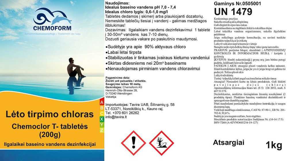 Chemoform Lėto tirpimo chloras Chemoclor T- tabletės (200g), 1kg, žema ...