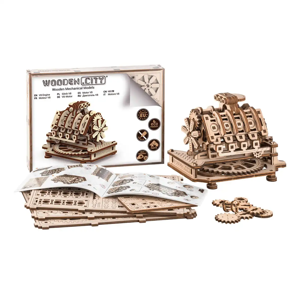 Dėlionė woodencity Mediniai 3D galvosūkiai - V8 variklis, modelis ...