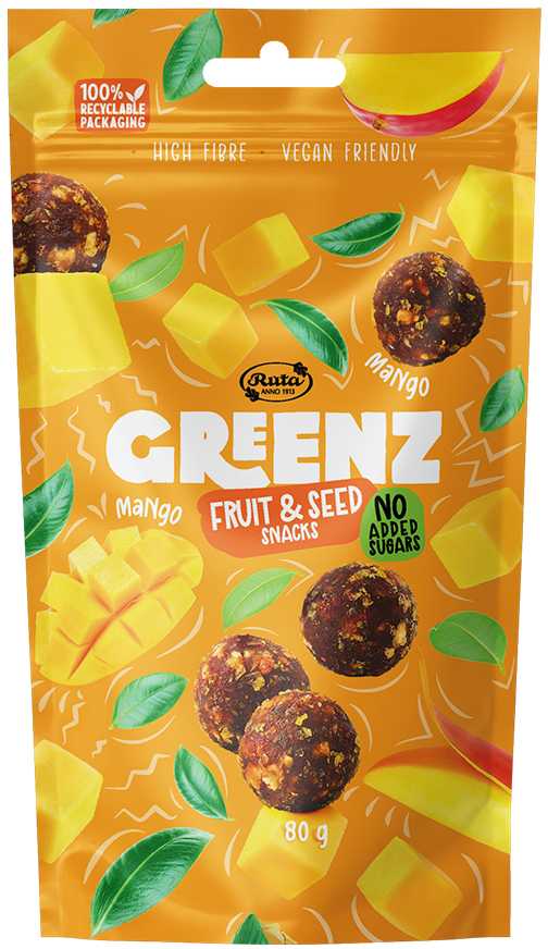 Rūta Vaisių ir sėklų užkandžiai su mangais „Greenz mango“, 80 g, žema ...