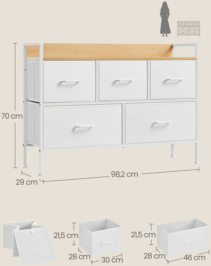 Songmics Komoda su 5 medžiaginiais stalčiais debesis baltas ąžuolas ...