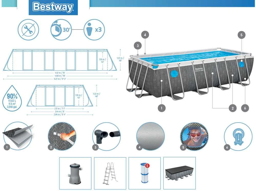 Bestway „Splashview“ karkasinis baseinas, 488 m x 244 cm, pilka rotango ...