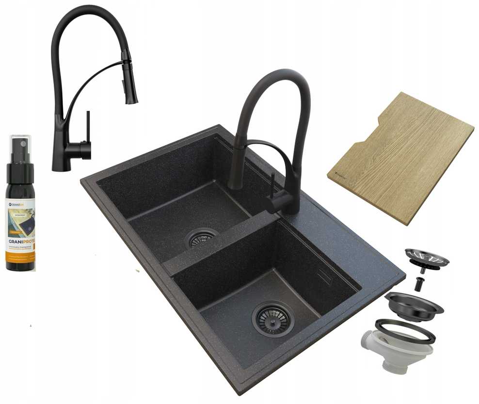 Granito kriauklės rinkinys Granitan Hektor, juodas, žema kaina | Varle.lt