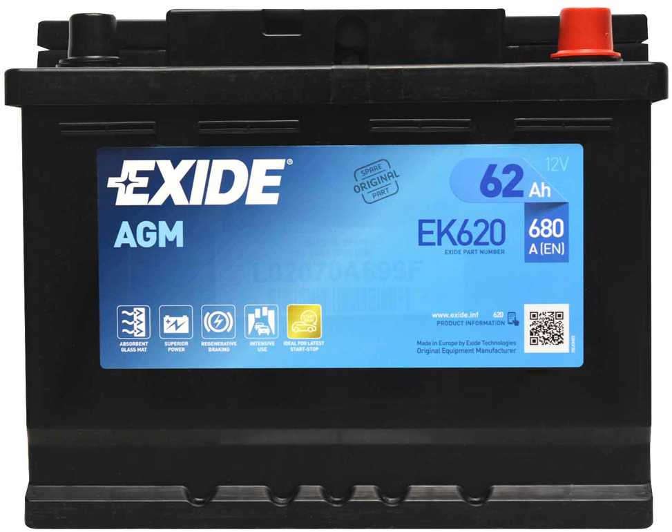 Exide Akumuliatorius 62 Ah 680 A EN 12V AGM, modelis - EK620, žema ...