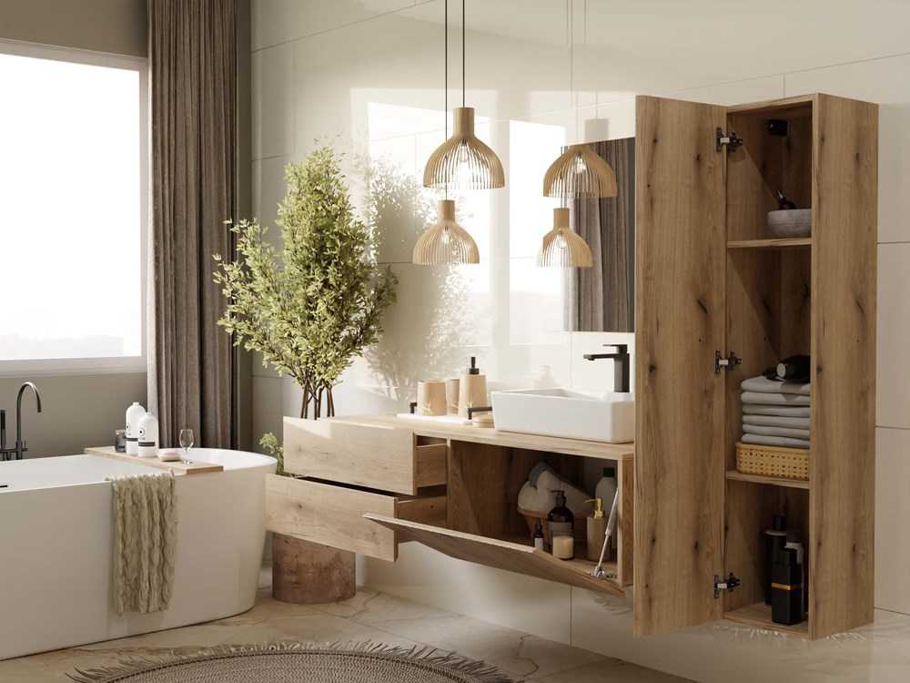 Topeshop SZAFKA POD UMYWALKĘ TIGO 1D2S DĄB EVOKE 140 CM 2 SZUFLADY RYFLOWANY FRONT WISZĄCA, žema ...