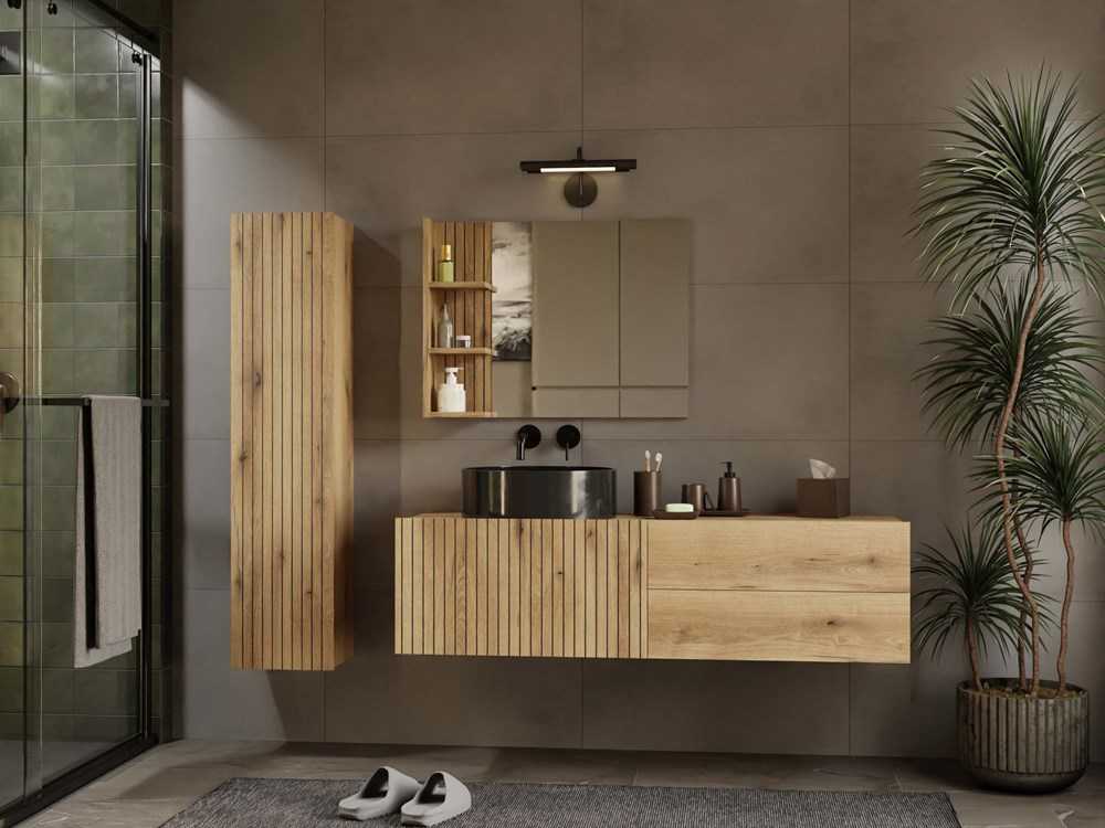 Topeshop SZAFKA POD UMYWALKĘ TIGO 1D2S DĄB EVOKE 140 CM 2 SZUFLADY RYFLOWANY FRONT WISZĄCA, žema ...